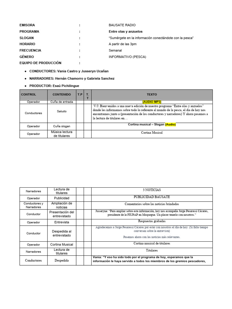 GUION - Programa de Pesca | PDF | Medios de comunicación en masa | Entretenimiento