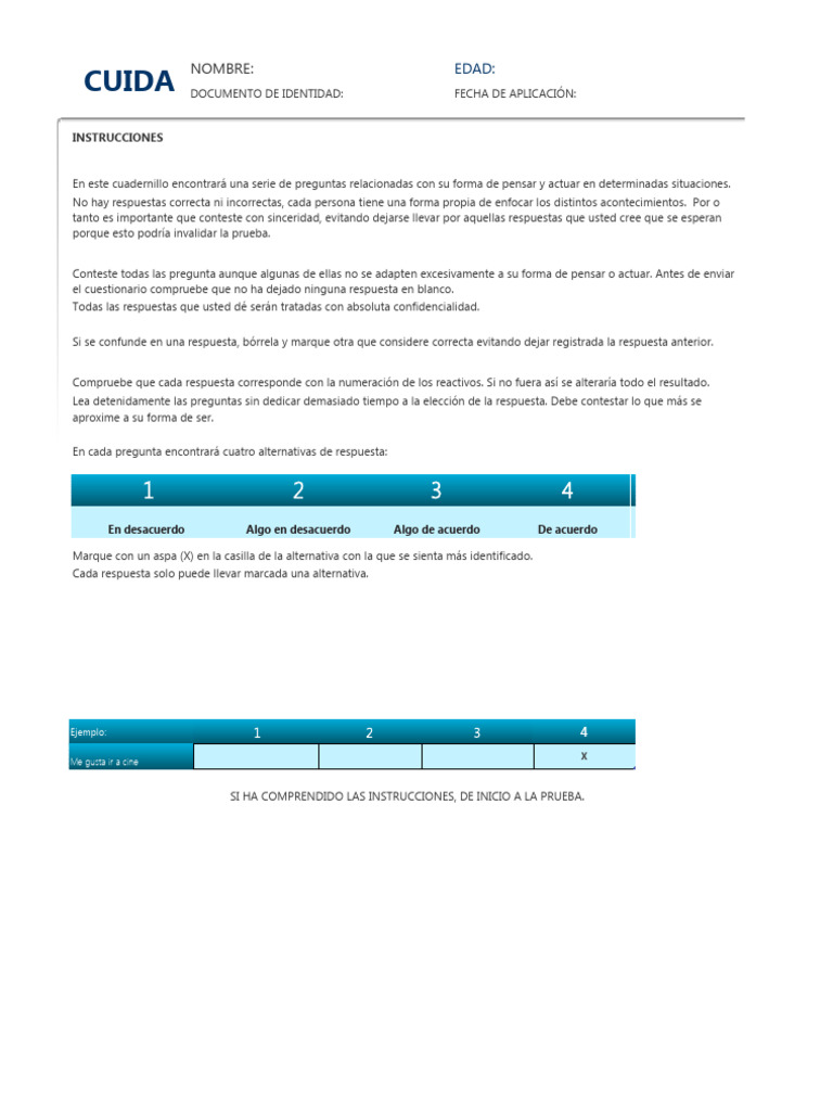 Test CUIDA: Evaluación de Respuestas | PDF