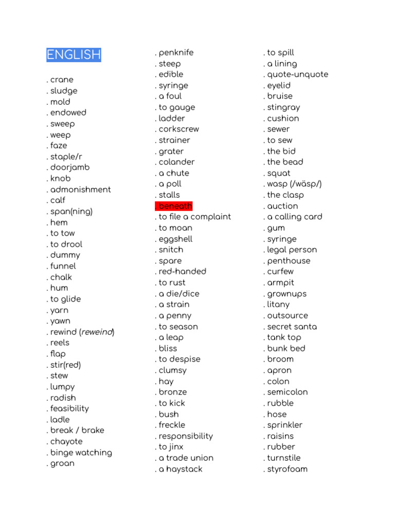 Vocabulary List of Common Terms | PDF