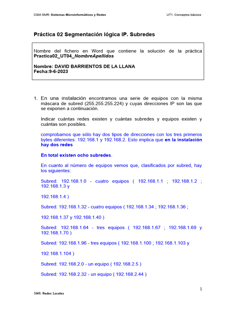 Practica02 UT04 SUBREDES | PDF | Dirección IP | Arquitectura de Computadores