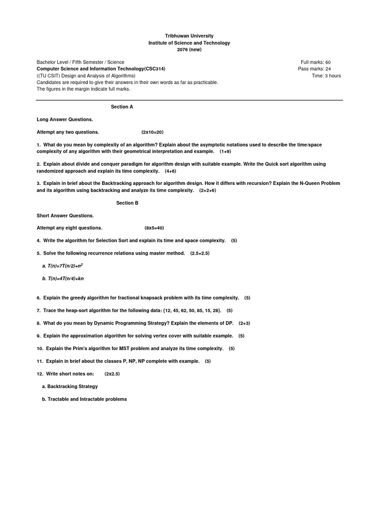 Design and Analysis of Algorithms New Questionpaper | PDF | Computational Complexity Theory ...