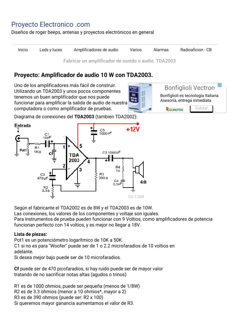 Amplificador de Audio 10W TDA2003 | PDF | Resistencia Eléctrica y Conductancia | Cantidades fisicas
