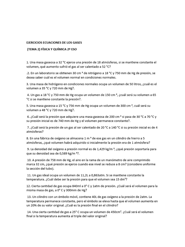 Problemas de Gases Tema 2 | PDF