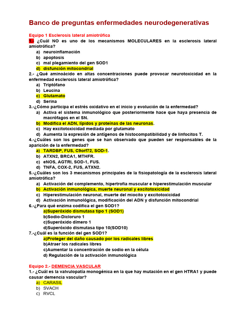 Banco de Preguntas Enfermedades Neurodegenerativas | PDF | Enfermedad de Alzheimer | Superóxido ...