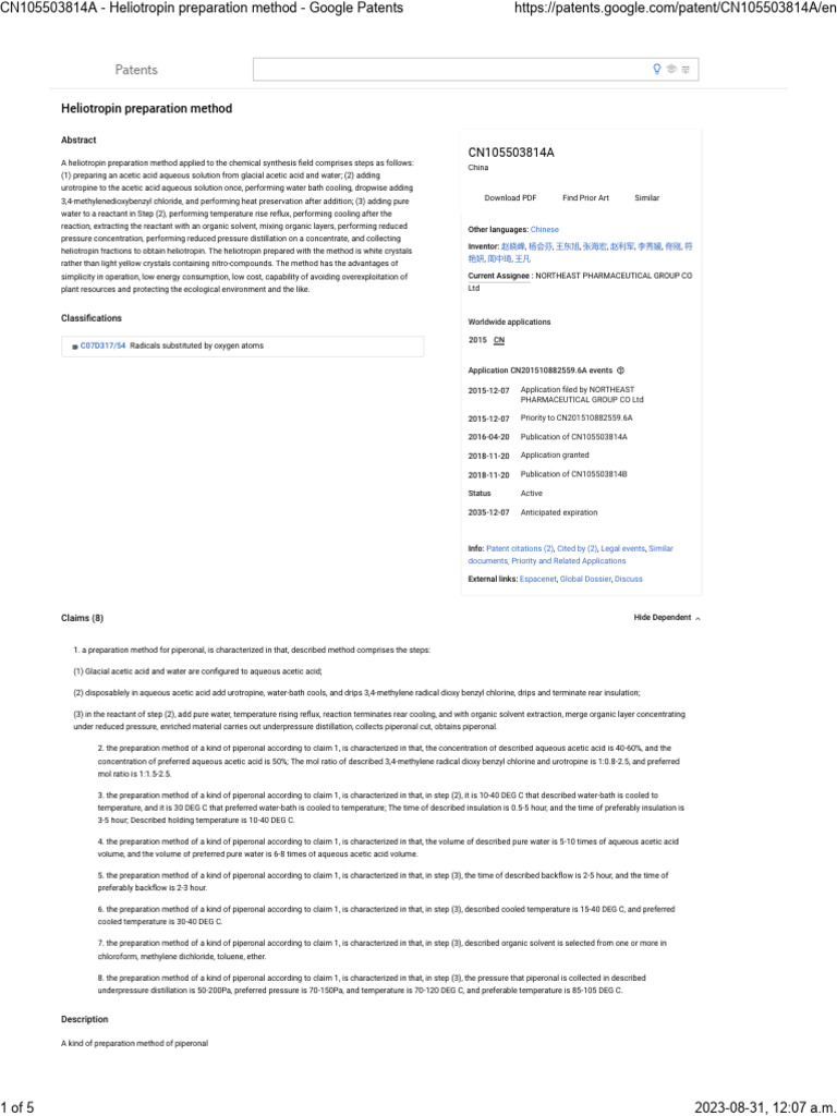 CN105503814A - Heliotropin Preparation Method - Google Patents | PDF | Water | Acetic Acid