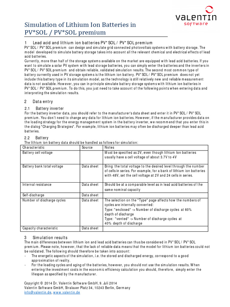 Simulation Lithium Ion Batteries Pvsol en | PDF | Photovoltaics | Photovoltaic System