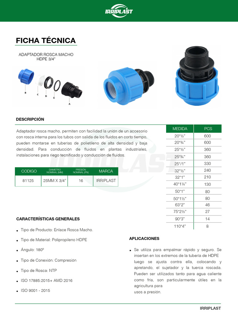 FT Adaptador RM 3 4 Irriplast | PDF | Tubería (transporte de fluidos) | Materiales