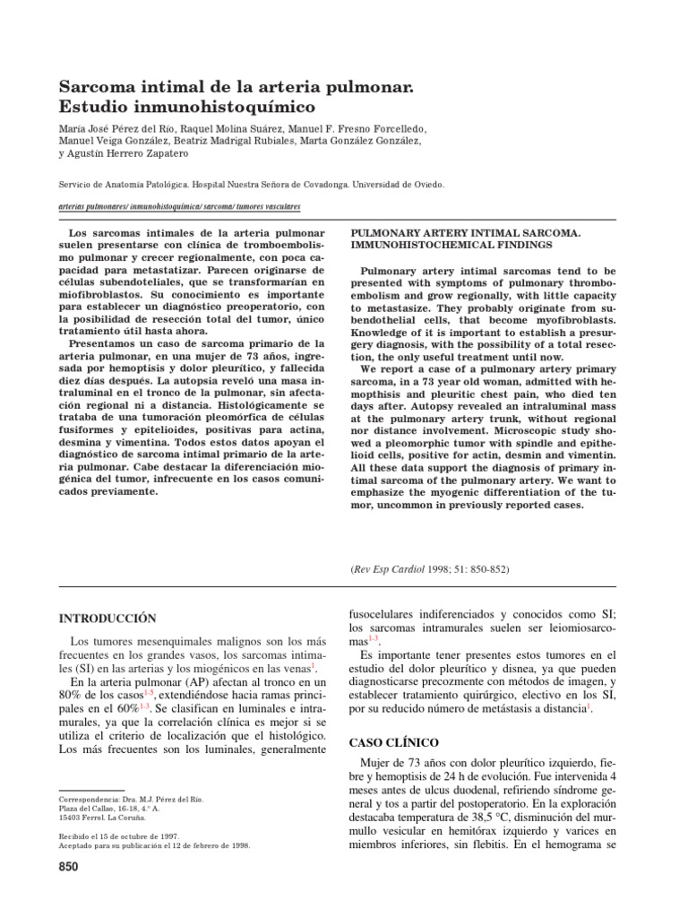 Sarcoma Intimal Pulmonar: Caso Clínico | PDF | Sarcoma | Cáncer de pulmón