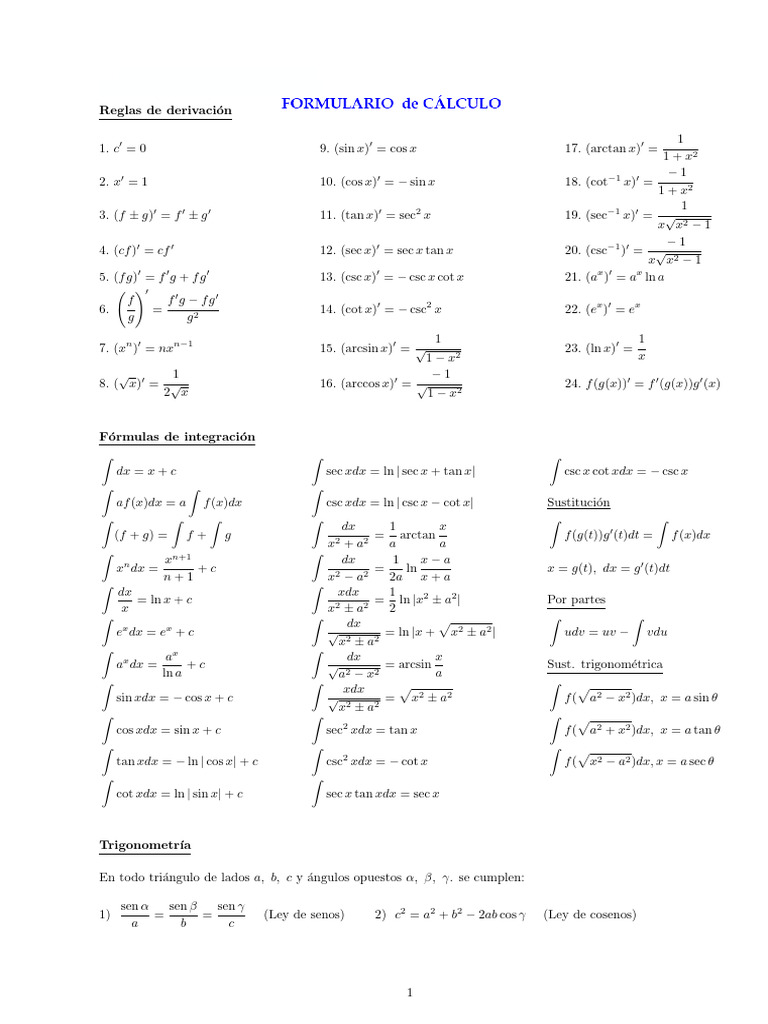 Formulario de Cálculo | PDF | Funciones trigonométricas | Esfera
