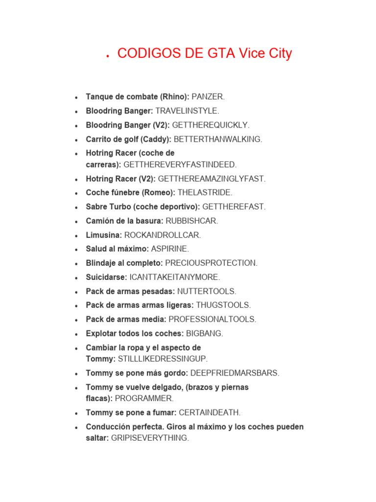 Codigos de Gta Vice City | PDF | Vehículos blindados de combate | Tanques