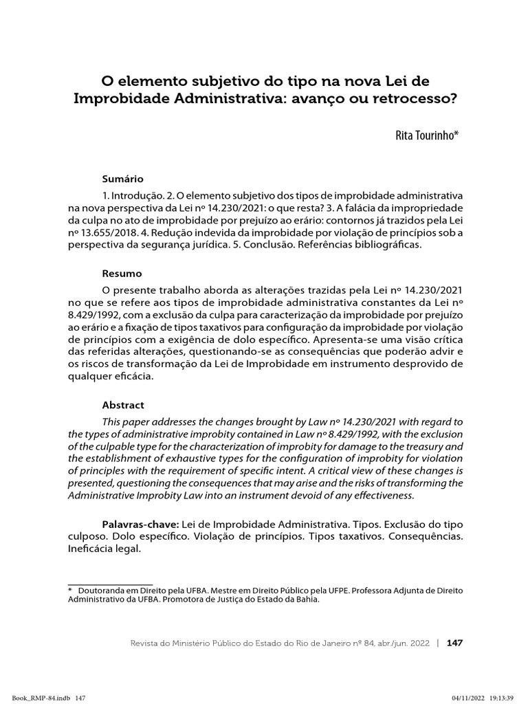 Elemento Subjetivo - Improbidade Adm | PDF | Intenção (Direito Penal ...