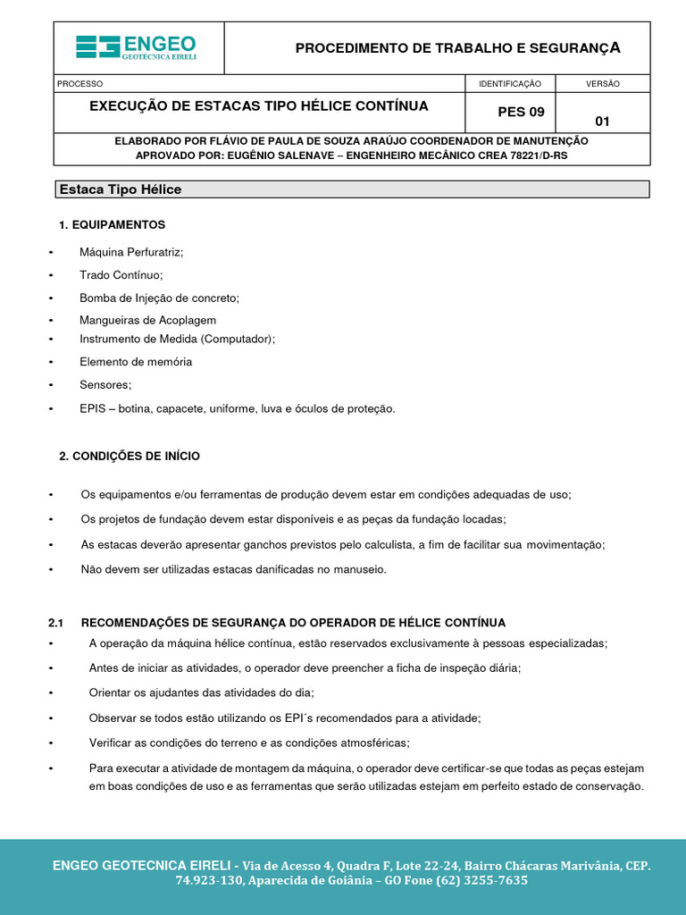PROCEDIMENTO DE TRABALHO E SEGURANÇA - HÉLICE CONTÍNUA ENGEOdocx | PDF ...