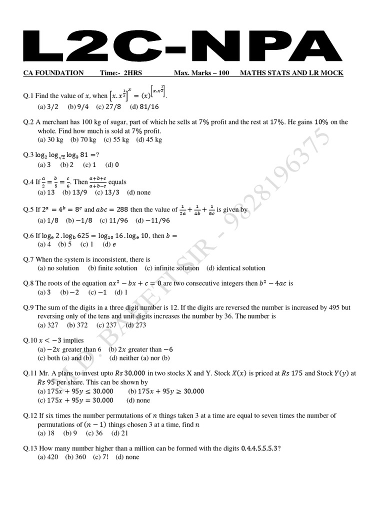 Maths Stats And Lr Mock Test 1 Pdf Numbers Logarithm
