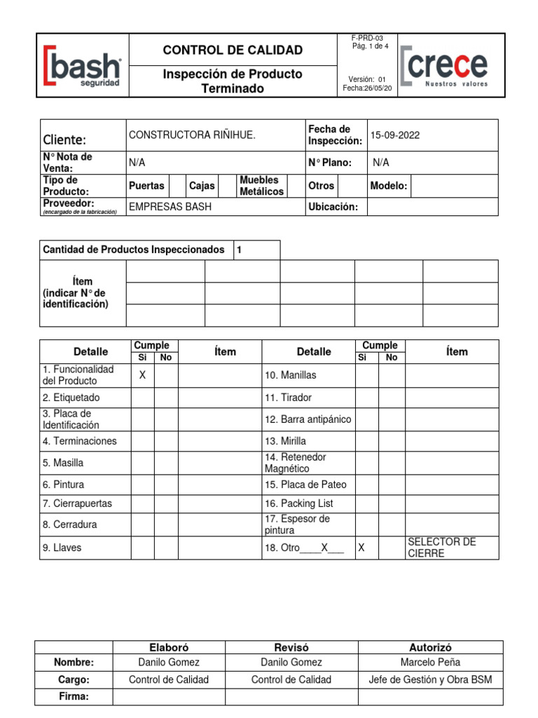 Informe de Prueba Selector de Cierre Constructora Riñihue. | PDF
