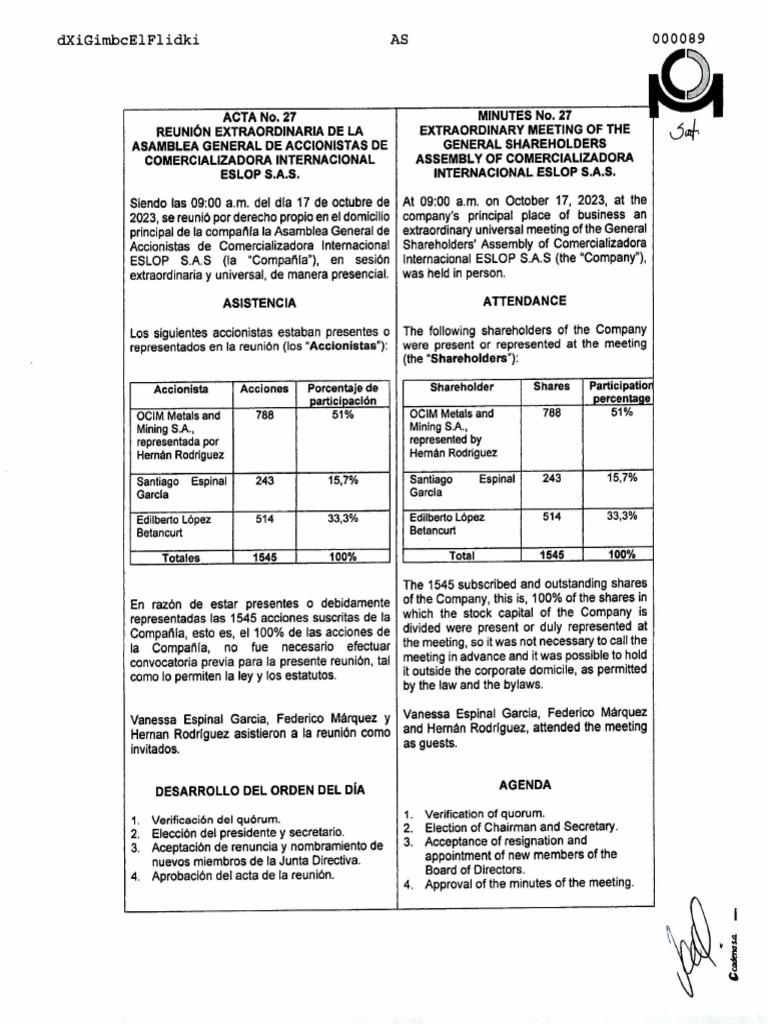 Acta 007 de 2023 Accionistas ESLOP | PDF | Quorum | Business