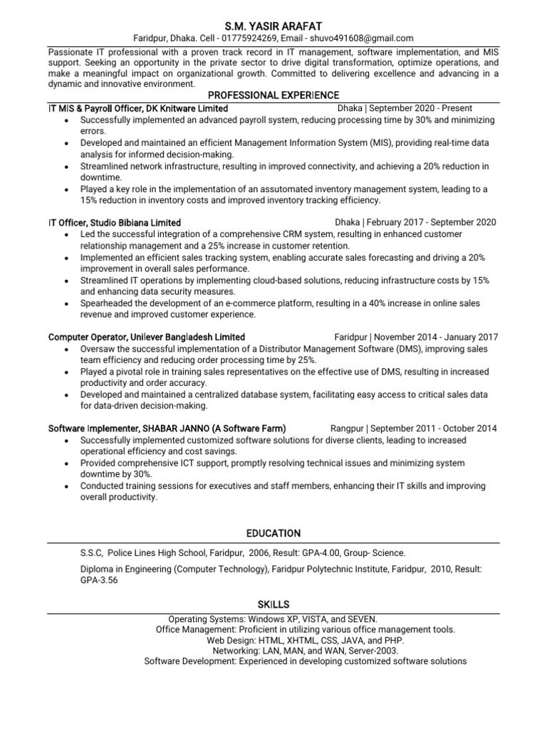 Resume Of Sm Yasir Arafat Pdf Management Information System Inventory 