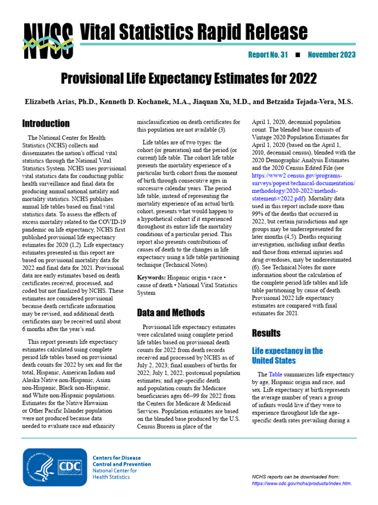 Provisional Life Expectancy Estimates For 2022 | PDF | Life Expectancy ...