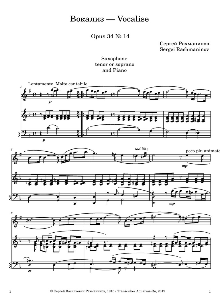 Rachmaninov Vocalise For Sax and Piano | PDF | Music Production ...