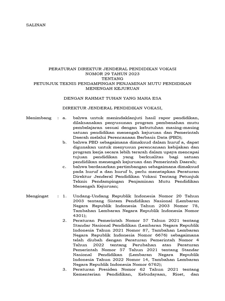 03102023.salinan Perdirjen Juknis Pendampingan Penjaminan Mutu Pendidikan Menengah Kejuruan | PDF