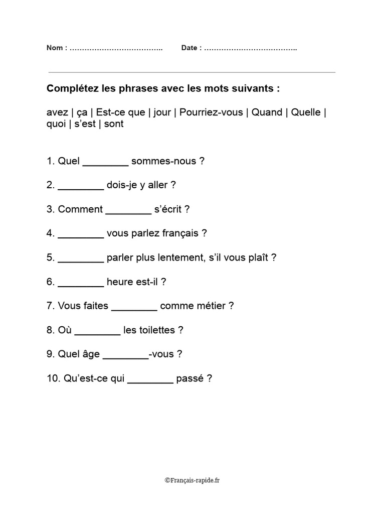 Exercices de français A2 : Complétez les phrases | PDF