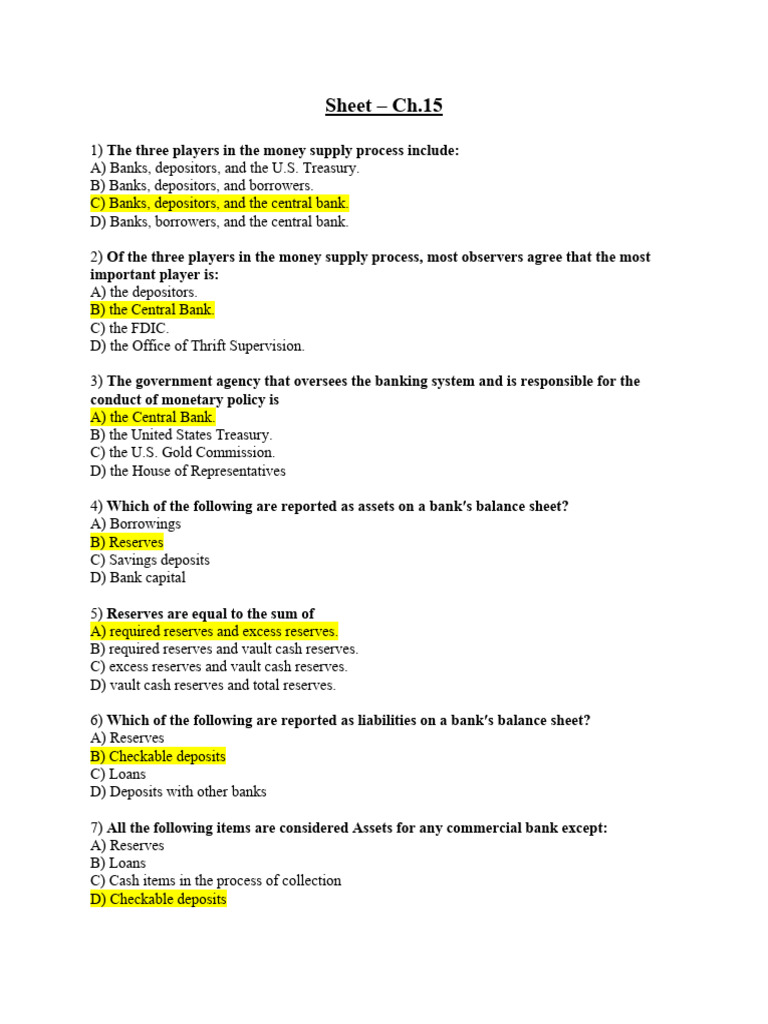 Sheet ch15 Answered NEW | PDF | Central Banks | Deposit Account