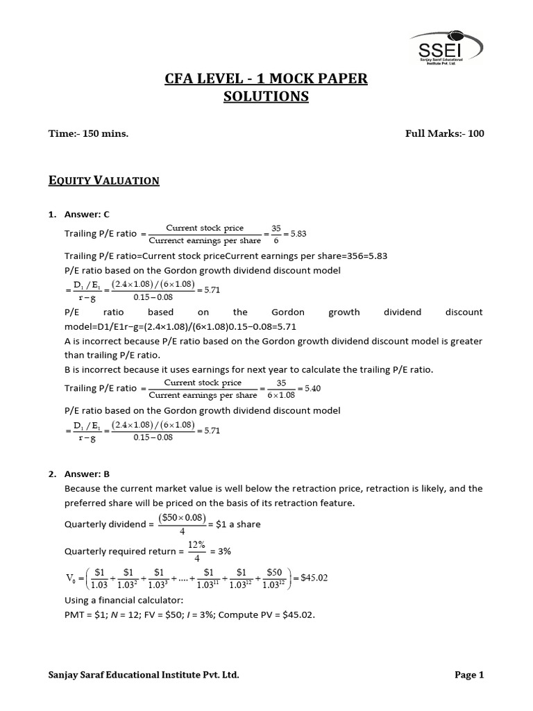Cfa Level 1 Mock Solutions - 24.09.2018 | PDF | Cost Of Capital | Exchange Traded Fund