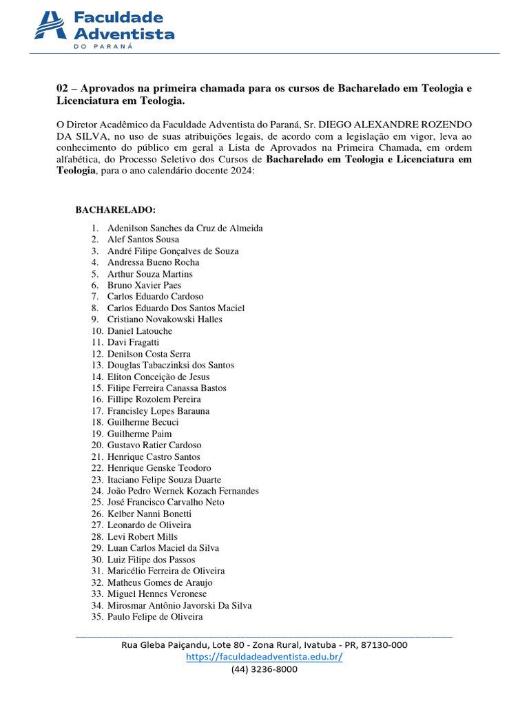 APROVADOS 1a Chamada SALT 2024 | PDF