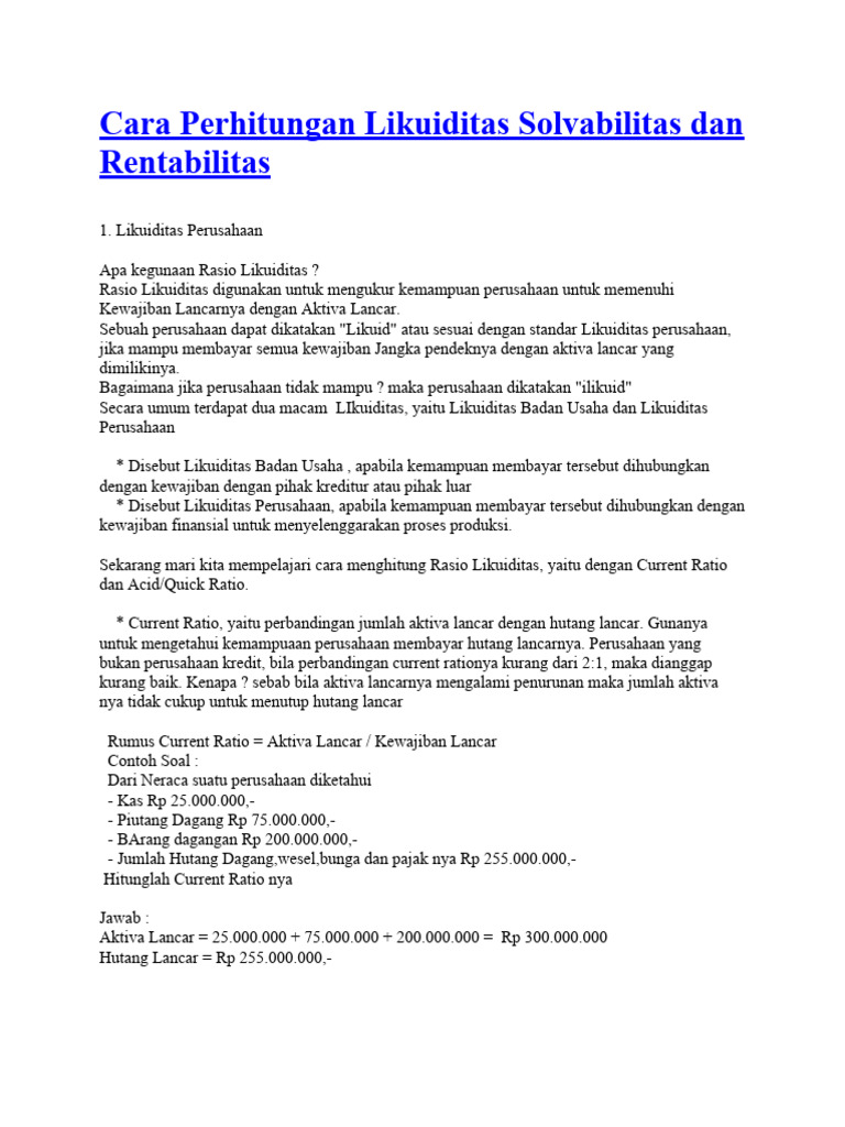 Cara Perhitungan Likuiditas Solvabilitas Dan Rentabilitas | PDF