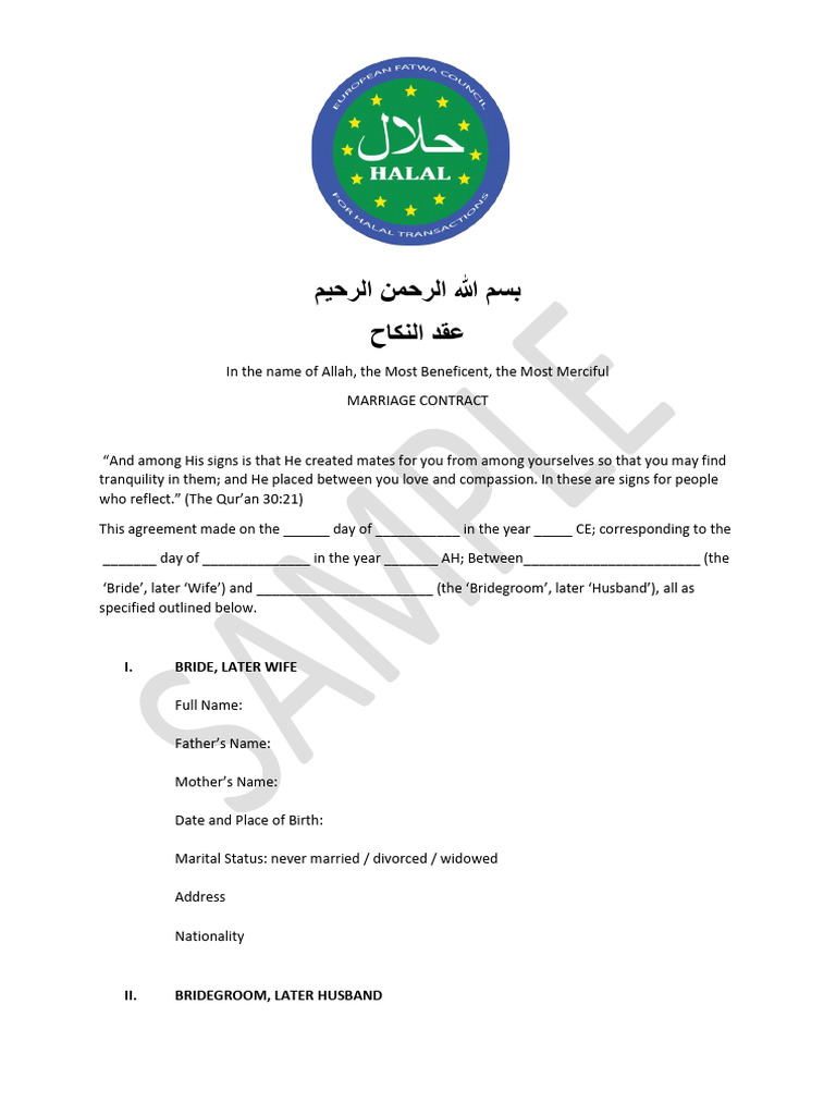Marriage Contract Sample of European Fatwa Council | Download Free PDF ...
