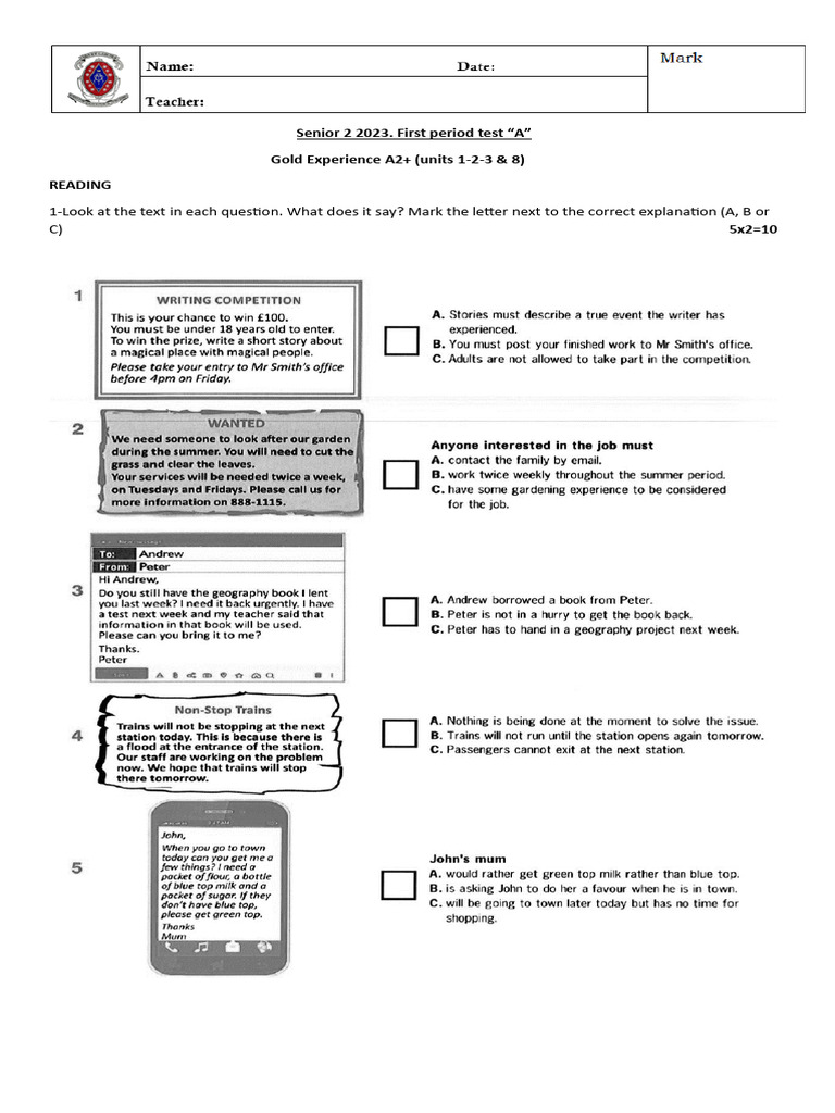 First Period Test-Senior 2 A | PDF
