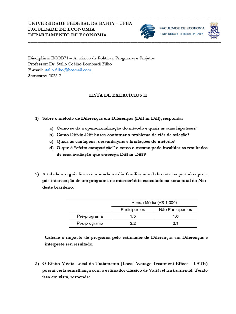 Lista de Exercícios II | PDF