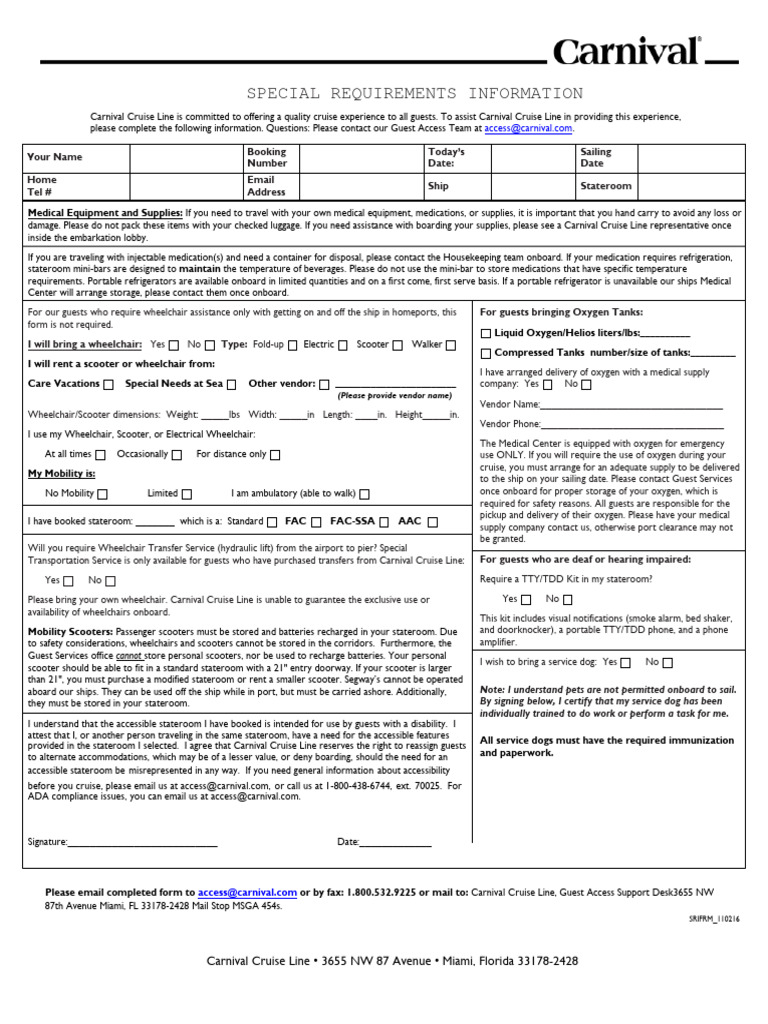 Carnival Cruise Special Needs Form | PDF | Wheelchair | Cruise Ship
