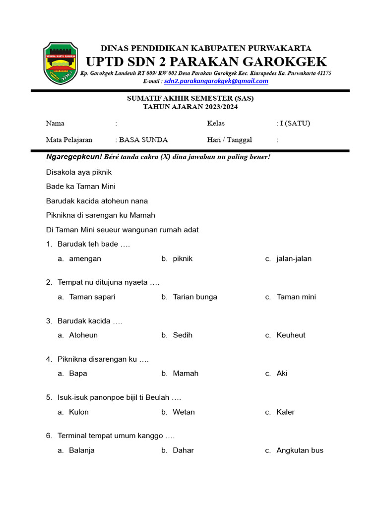 Soal Basa Sunda Kelas 1 | PDF