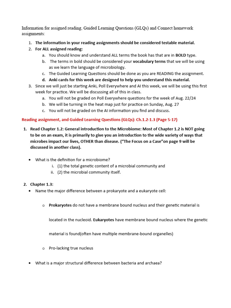 1 - Guided Learning Questions Lecture 1 - Chapter 1.2-1.3 | PDF | Bacteria | Organisms