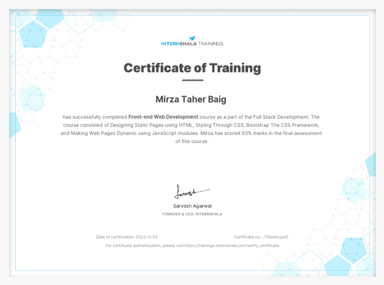 Front-End Web Development Training - Certificate of Completion | PDF