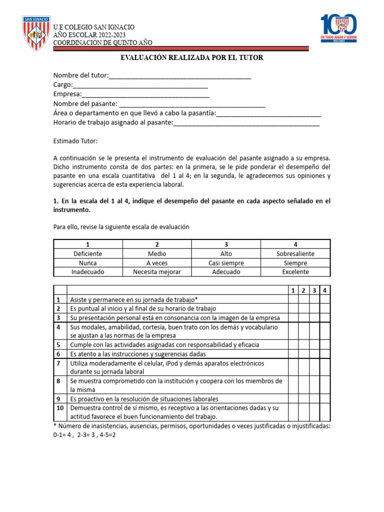 Evaluación Tutor Empresa Trabajo de Campo 2022-2023 | PDF | Crecimiento personal y profesional