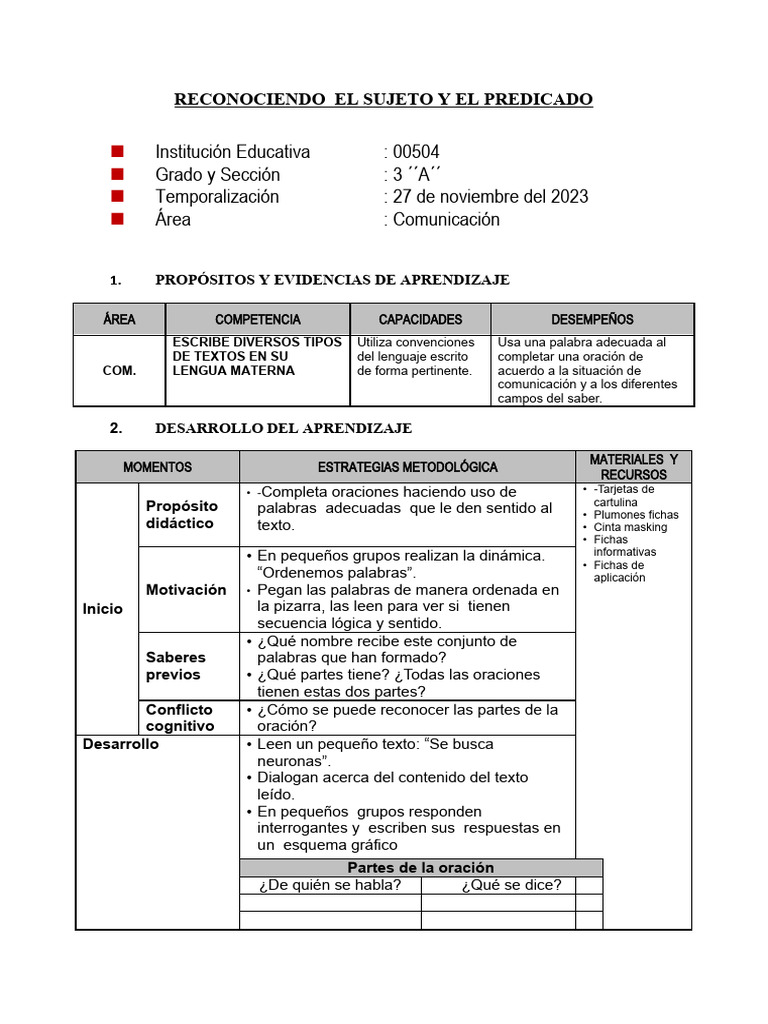 Reconociendo Sujeto y Predicado | PDF | Aprendizaje | Ciencia cognitiva