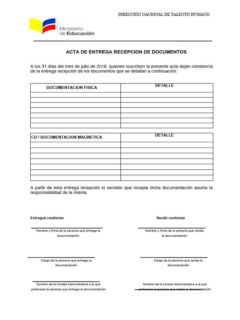 Acta de Recepcion de Documento DE TALENTO HUMANO | PDF