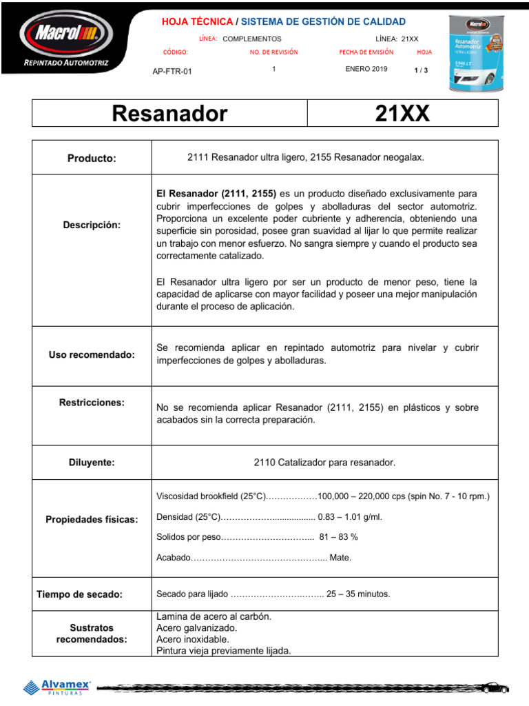 Resanador Automotriz 21XX: Hoja Técnica | PDF | Solvente | Sustancias ...