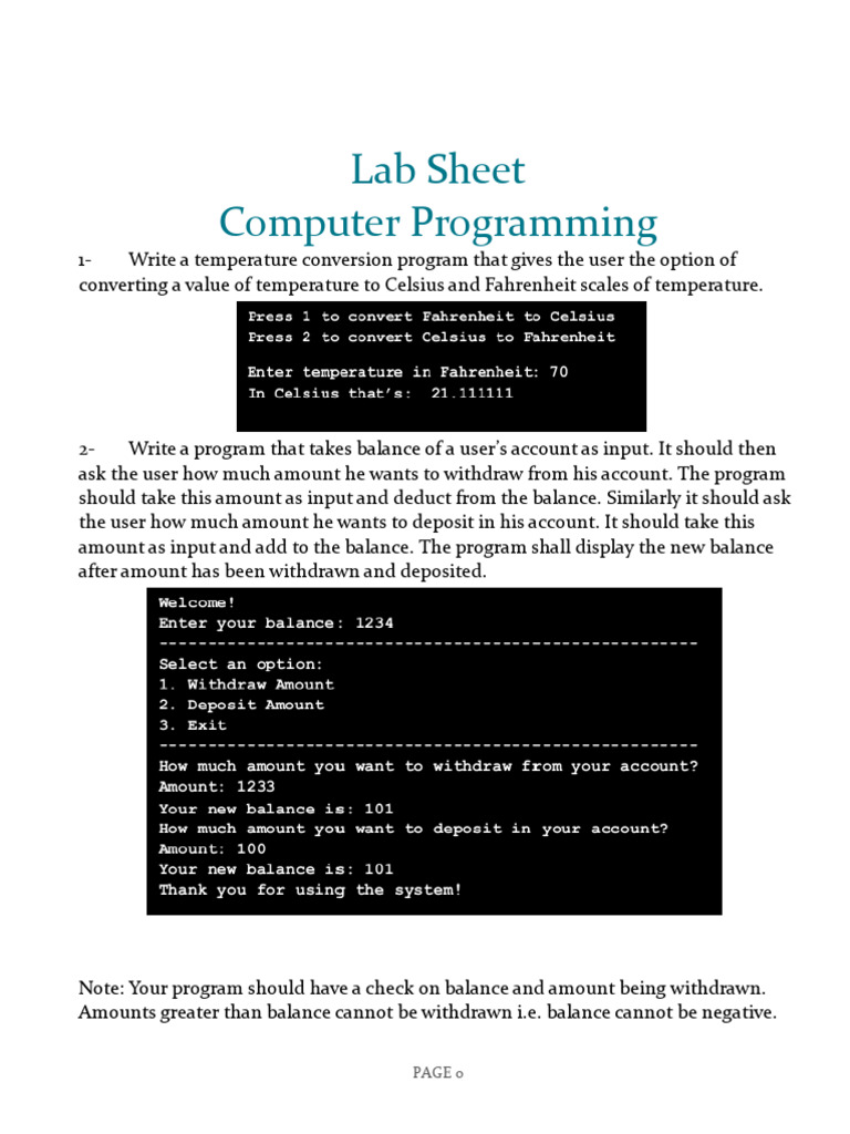 Lab Sheet | PDF | Computer Program | Programming