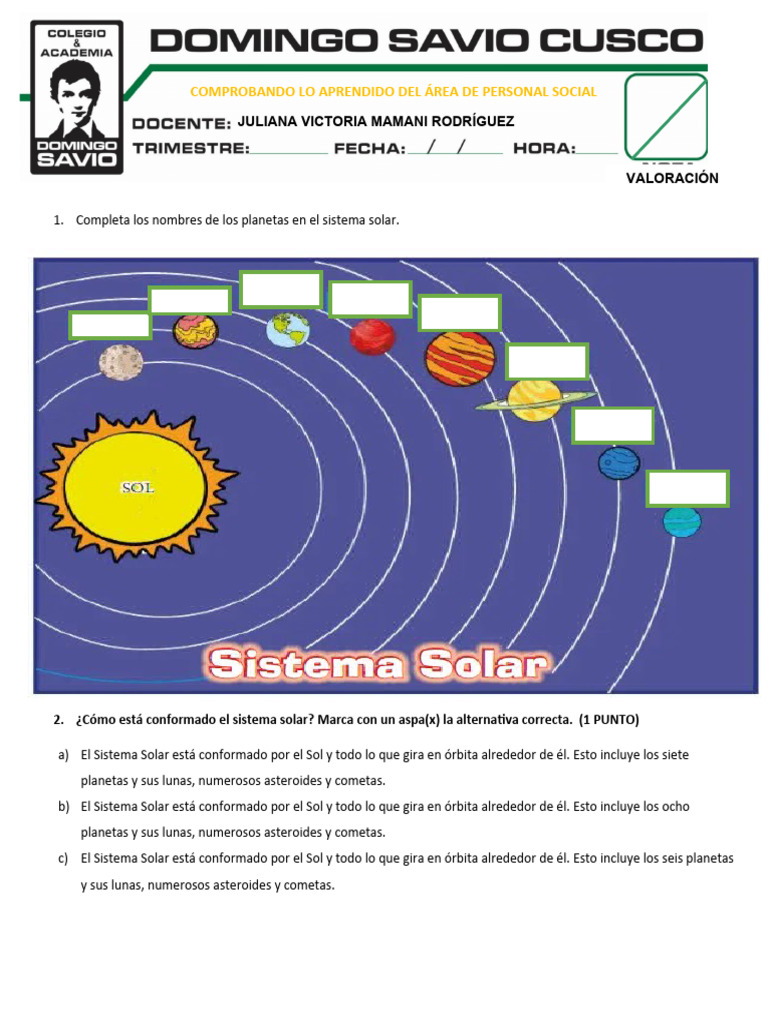 Prueba Del Sistema Solar De Segundo Grado