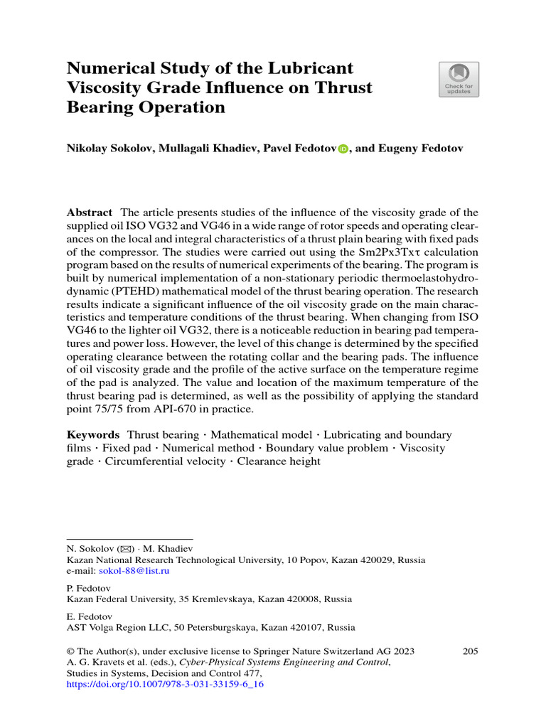 Numerical Study of The Lubricant Viscosity Grade Influence On Thrust Bearing Operation | PDF ...