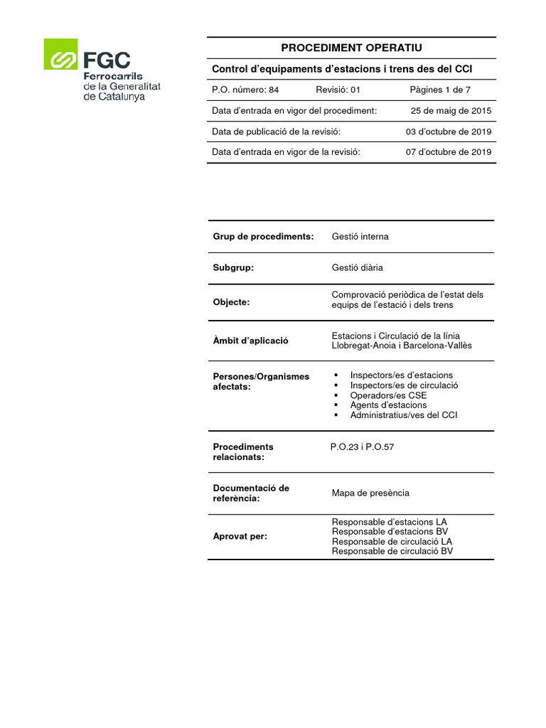 PO084 r1 Control Dequipaments Destacions I Trens Des Del CCI | PDF