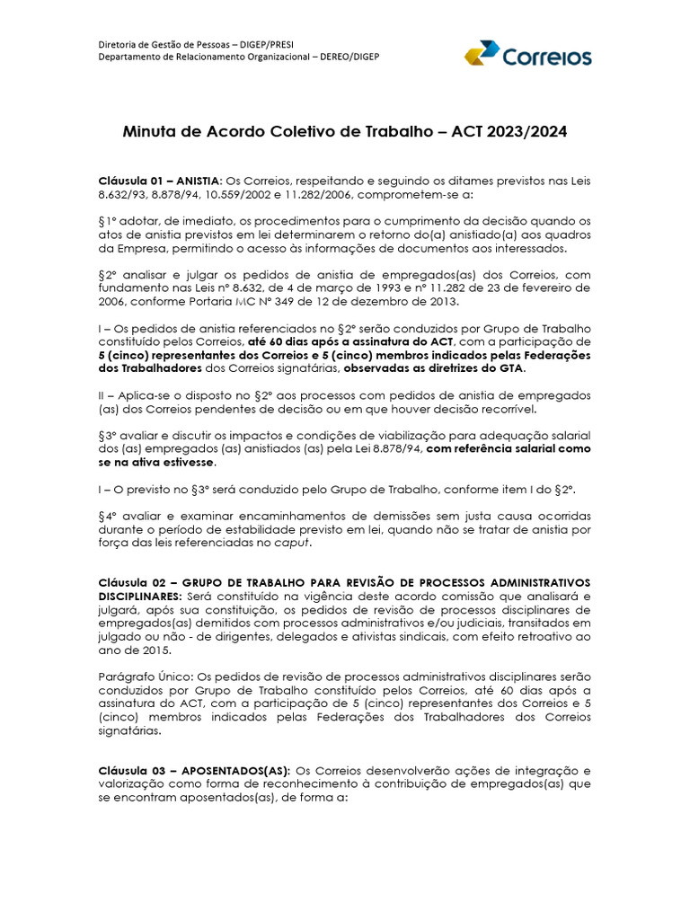 ACT 2023-2024 - Minuta Do Acordo Coletivo de Trabalho | PDF | Sindicato | Gestão de recursos humanos