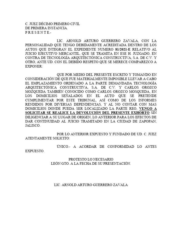 Solicitud de Devolución de Exhorto | PDF