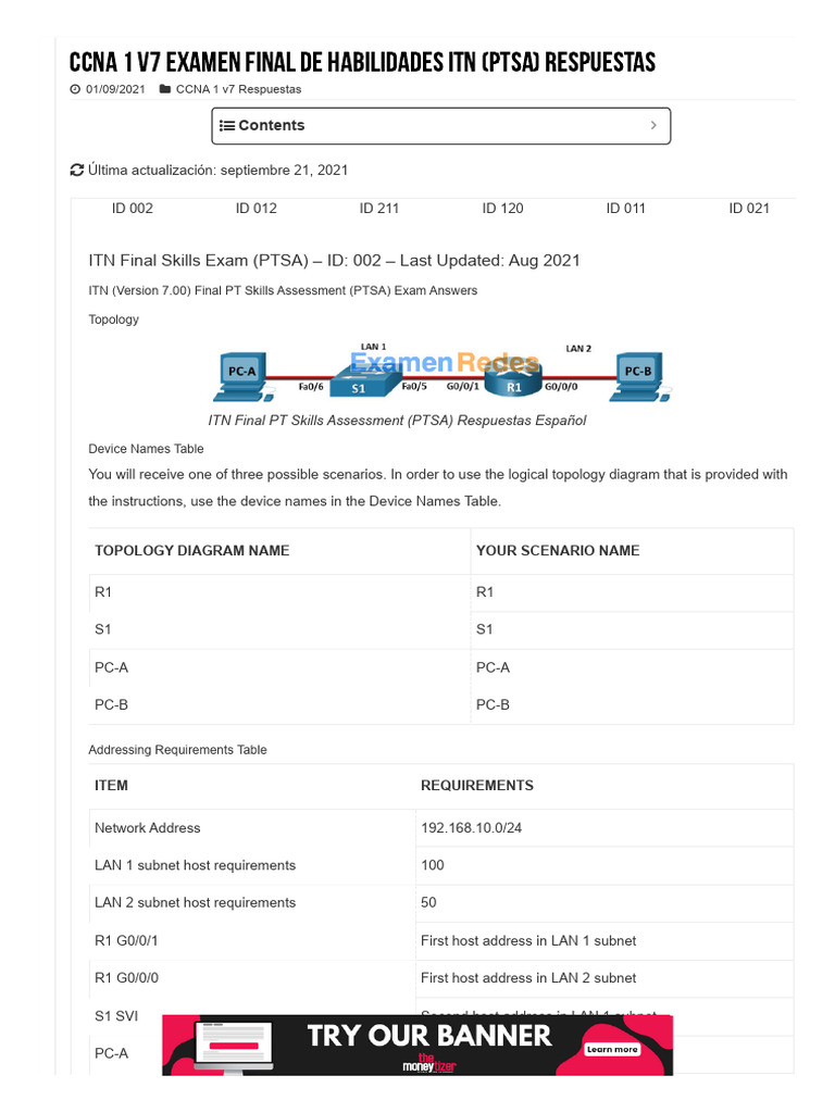 CCNA 1 v7 Examen Final de Habilidades ITN (PTSA) Respuestas | PDF | Ip Address | Computer Network