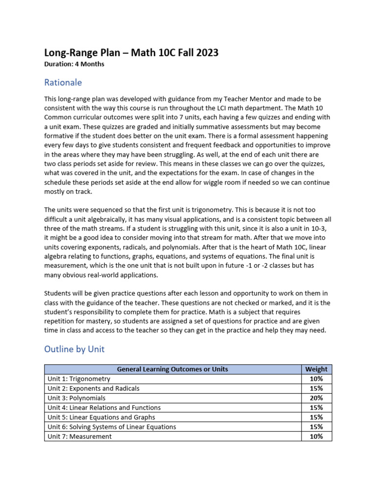 Math 10c Long-Range Plan | PDF | Trigonometry | Trigonometric Functions