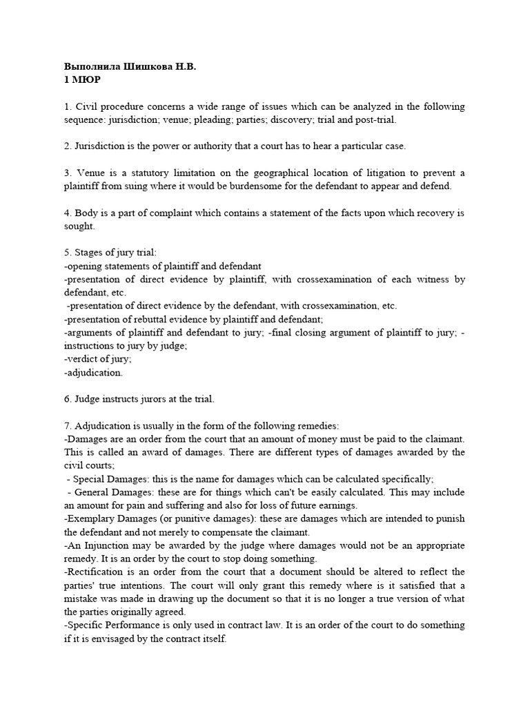 Civil Law Civil Procedure Pdf Damages Lawsuit