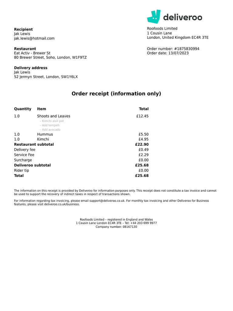 Deliveroo Order Receipt 1875830994 | PDF | Receipt | Invoice
