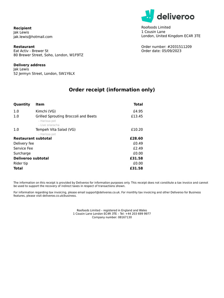 Deliveroo Order Receipt and Tax Invoice | PDF | Receipt | Invoice
